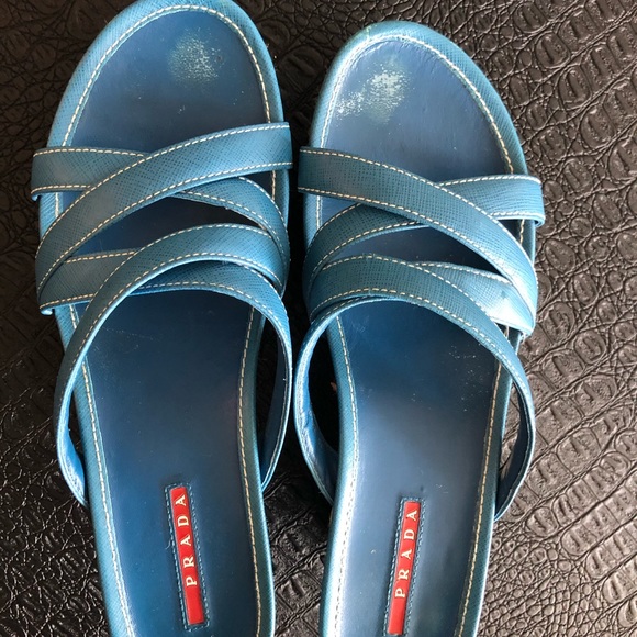 Fendi | Shoes | Prada Blue Leather Sandel Platform 39 | Poshmark